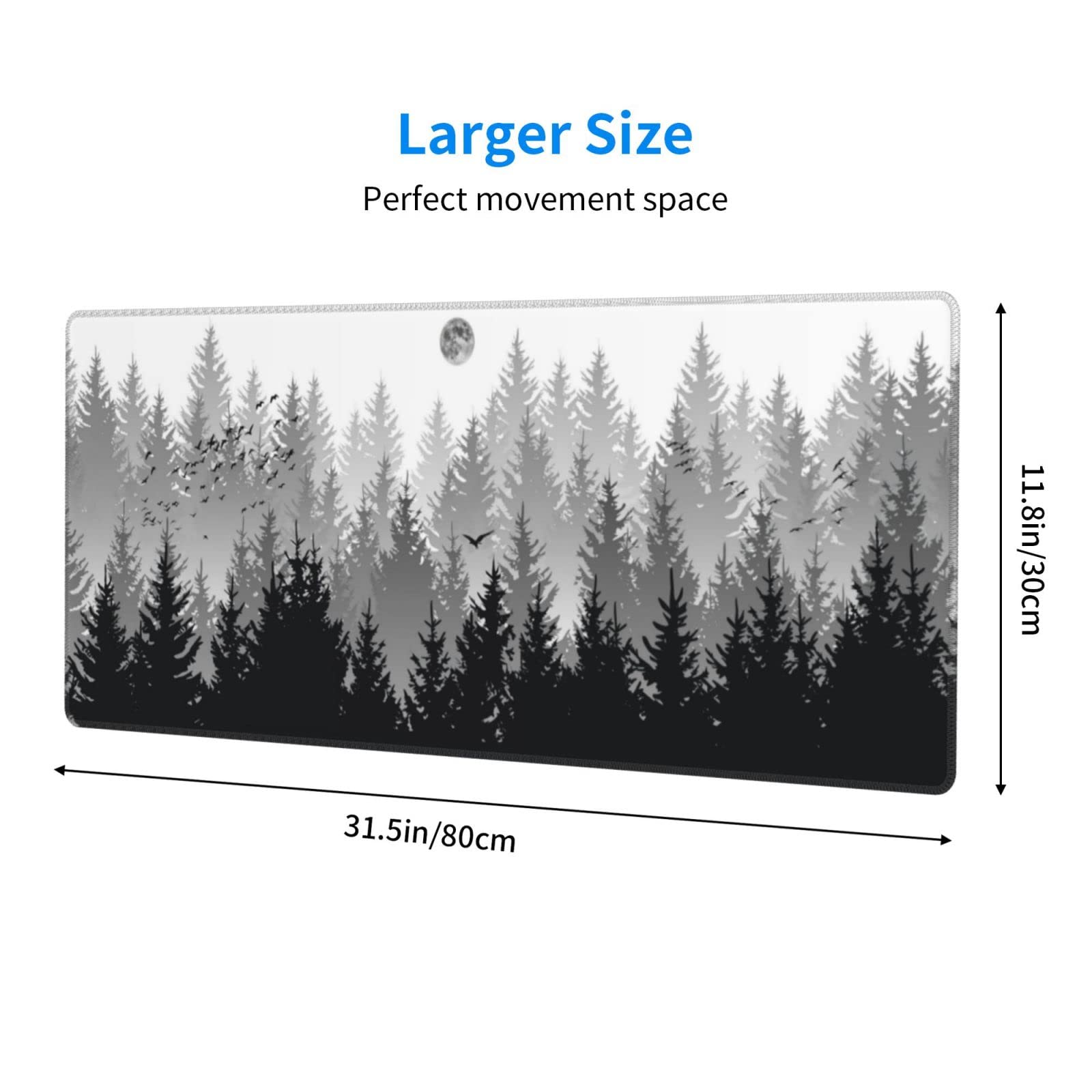 Abstract Misty Forest Mouse Pad Moon Birds Trees Gaming Mouse Pad XL Big Mouse Mat Full Desk Pad XXL Extended Mousepad Large Long Mouse Pad for Gamers Stitched Edges Non-Slip Rubber Base Mice Pad