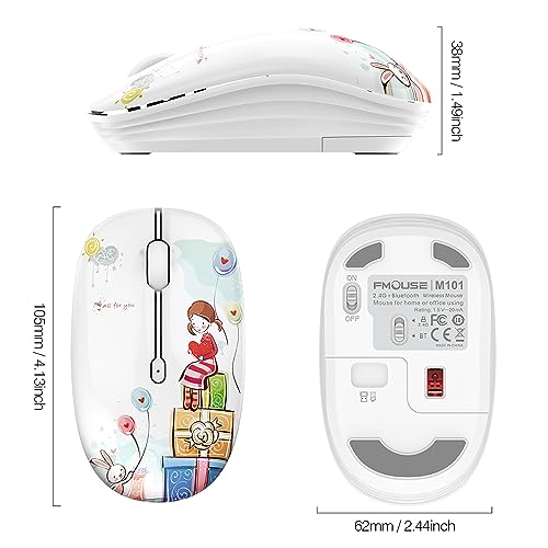 FMOUSE Cute Bluetooth Mouse, 2.4 GHz Wireless Mice with USB Receiver for Laptop, iPad, Mac, Silent Cartoon Mouse Suitable for Female and Students (Girl)