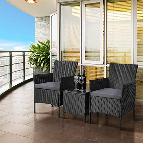 Yaheetech 3 Pieces Patio Porch Furniture Sets, Rattan Patio Chair & Table Set PE Wicker Bistro Set for Outdoor/Garden/Yard