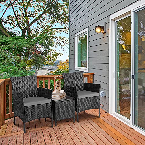 Yaheetech 3 Pieces Patio Porch Furniture Sets, Rattan Patio Chair & Table Set PE Wicker Bistro Set for Outdoor/Garden/Yard
