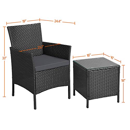 Yaheetech 3 Pieces Patio Porch Furniture Sets, Rattan Patio Chair & Table Set PE Wicker Bistro Set for Outdoor/Garden/Yard