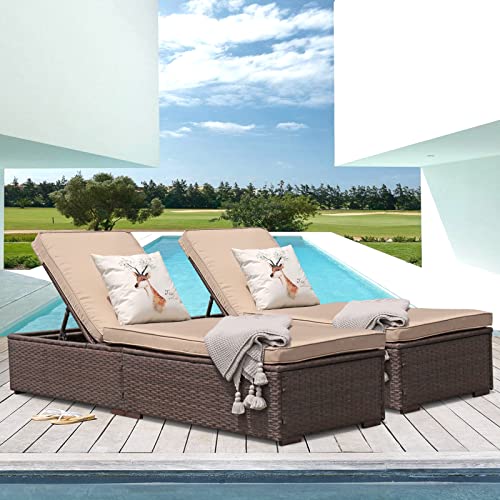 Verano Garden Outdoor Chaise Lounge, Patio Pool Lounge Chairs for Outside, Wicker Rattan Reclining Folding Pool Lounger with Adjustable Backrest and Removable Cushions, Beige(Set of 2)