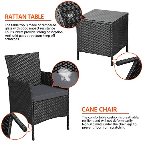 Yaheetech 3 Pieces Patio Porch Furniture Sets, Rattan Patio Chair & Table Set PE Wicker Bistro Set for Outdoor/Garden/Yard