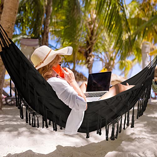 Bellzacasa Double Hammock, Heavy Duty 500 lb Load Capacity Tassels and Fishtail Knitting with Mounting Straps for Outdoor Camping Patio Balcony Black