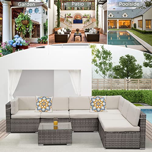 SUNVIVI OUTDOOR 7 Piece Patio Sectional Grey Wicker Furniture for Backyard, Garden with String Beige Cushions, Clips, Coffee Table