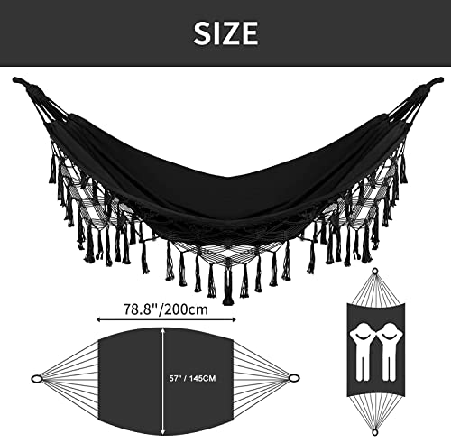 Bellzacasa Double Hammock, Heavy Duty 500 lb Load Capacity Tassels and Fishtail Knitting with Mounting Straps for Outdoor Camping Patio Balcony Black