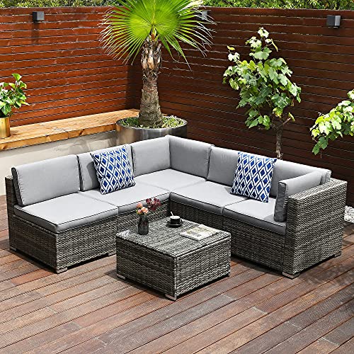 YITAHOME 6 Pieces Patio Furniture Set, Outdoor Sectional Sofa PE Rattan Wicker Conversation Set Outside Couch with Table and Cushions for Porch Lawn Garden Backyard, Grey