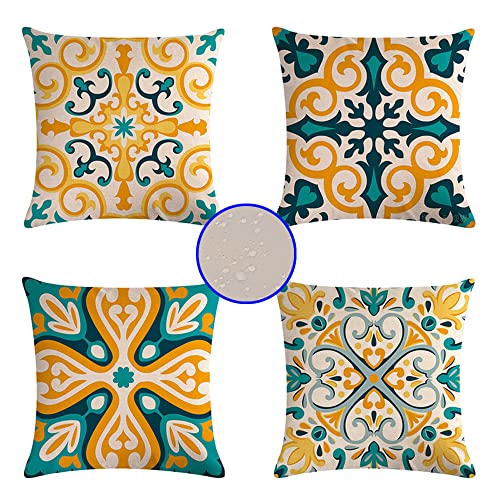 VIGVOG Yellow Blue Outdoor Indoor Waterproof Throw Pillow Covers 18x18 Inch Set of 4 Boho Floral Double-Sided Pillow Covers Modern Cushion Cases for Patio Funiture Garden Farmhouse Home Decor