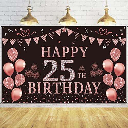 Trgowaul Happy 25th Birthday Decorations for Women, Pink Rose Gold 25 Birthday Backdrop Banner,Twenty Five Years Old Birthday Party Supply Photography Background Birthday Sign Poster Decor Gift Girls