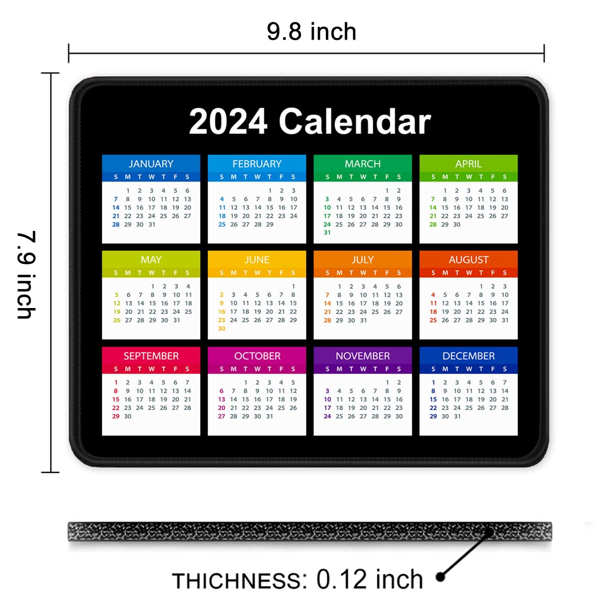 Auhoahsil Mouse Pad, 2024 Calendar Anti-Slip Rubber Mousepad with Stitched Edges for Office Gaming Laptop Computer PC Men Women, Customized Pattern, 10.2" x 8.7", New Year 2024 Calendar, Black