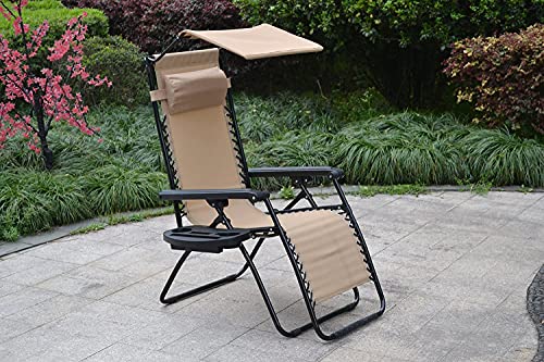 BTEXPERT CC5044BG-2 Zero Gravity Chair Lounge Outdoor Pool Patio Beach Yard Garden Sunshade Utility Tray Cup Holder Beige Two Case Pack (Set of 2 pcs), Piece, Tan with Canopy