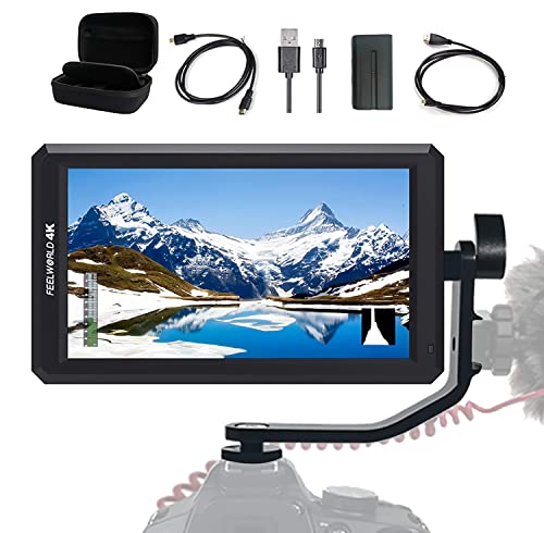 FEELWORLD F6+Battery+ Integrated Battery Charger + Micro&Mini HDMI Cords 5.7Inch FHD IPS On Camera 4K HDMI Monitor with Swivel Arm and 8V DC Power Output