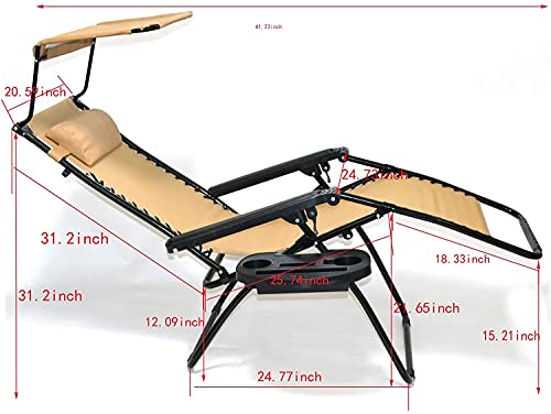 BTEXPERT CC5044BG-2 Zero Gravity Chair Lounge Outdoor Pool Patio Beach Yard Garden Sunshade Utility Tray Cup Holder Beige Two Case Pack (Set of 2 pcs), Piece, Tan with Canopy
