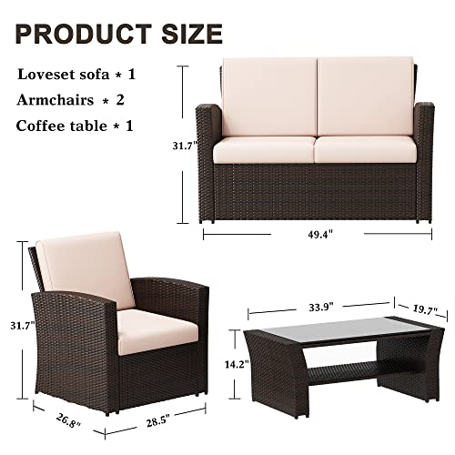 LayinSun 4 Piece Outdoor Patio Furniture Sets, Wicker Conversation Sets, Rattan Sofa Chair with Cushion for Backyard Lawn Garden (Brown)