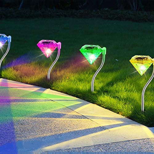 4 Pack LED Solar Lights, Outdoor Decorations 7-Color Changing LED Diamond Solar Light, Stainless Steel Stake Pathway Lights for Garden Path Walkway Patio Lawn Yard Christmas Halloween Decorations