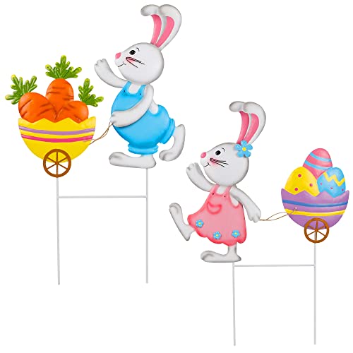 Juegoal 2 Pack Easter Garden Stakes, Metal Easter Bunny with Egg and Carrot Wheel Barrows Yard Signs, Outdoor Waterproof Decorative Rabbits Eggs Easter Stakes for Garden Home Lawn Patio Decorations