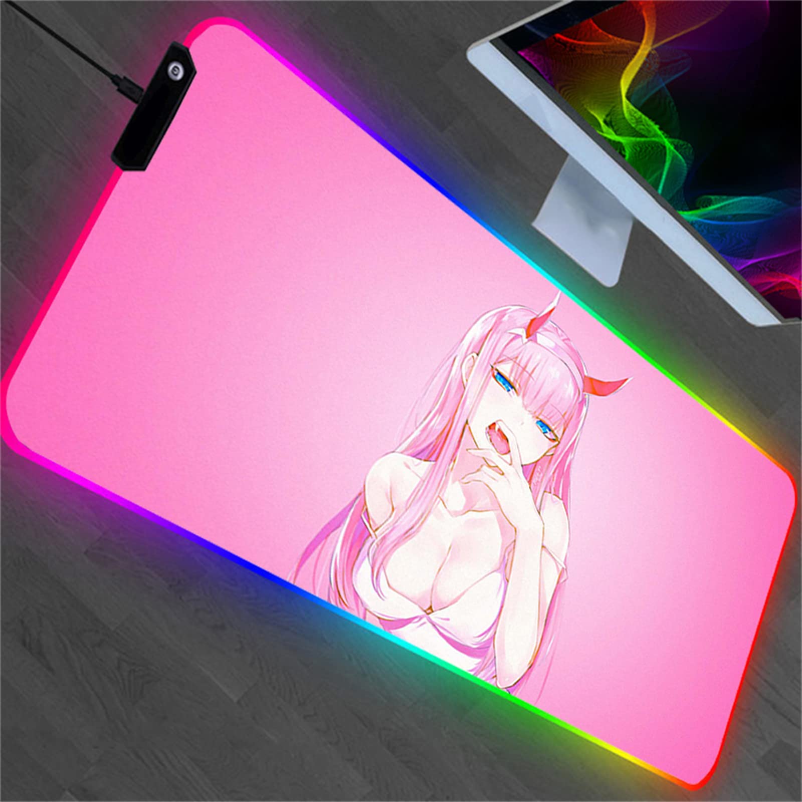 OYFRRGJ Mouse Pads Zero Two Mouse Pads Large Pink Mousepad RGB Anime Game Mats for Pc Lights Led Mouse Pad with Backlight Kawaii Cute Table Mat,23.6x11.8Inch