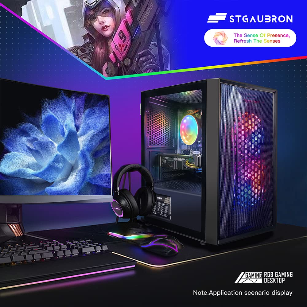 STGAubron Gaming PC, Intel Core I3-10100F up to 4.3G, Radeon RX 5500XT 8G, 16G DDR4, 512G SSD, WiFi, BT 5.0, RGB Fan x3, RGB BT Sound Bar and Headset, Windows 11 Home