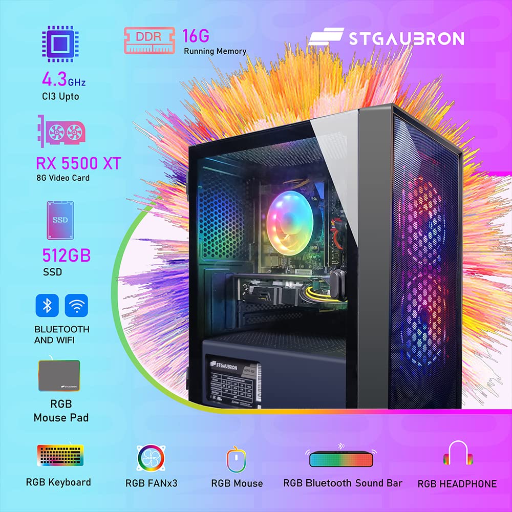 STGAubron Gaming PC, Intel Core I3-10100F up to 4.3G, Radeon RX 5500XT 8G, 16G DDR4, 512G SSD, WiFi, BT 5.0, RGB Fan x3, RGB BT Sound Bar and Headset, Windows 11 Home