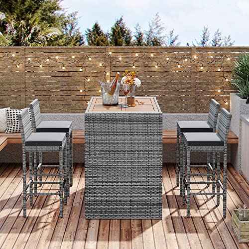 Quarte Modern 5-Piece Outdoor Patio Dining Set, Garden PE Rattan Wicker Bar Set, 4 Bar Height Chairs with Non-Slip Feet and Fixed Rope, Acacia Wood Table Top