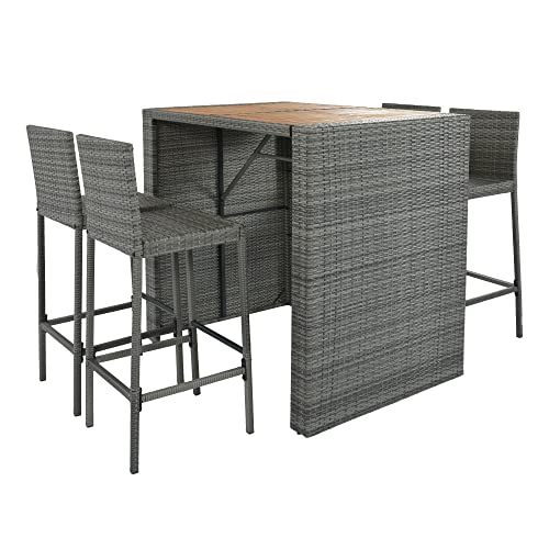 Quarte Modern 5-Piece Outdoor Patio Dining Set, Garden PE Rattan Wicker Bar Set, 4 Bar Height Chairs with Non-Slip Feet and Fixed Rope, Acacia Wood Table Top