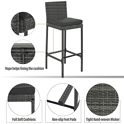 Quarte Modern 5-Piece Outdoor Patio Dining Set, Garden PE Rattan Wicker Bar Set, 4 Bar Height Chairs with Non-Slip Feet and Fixed Rope, Acacia Wood Table Top