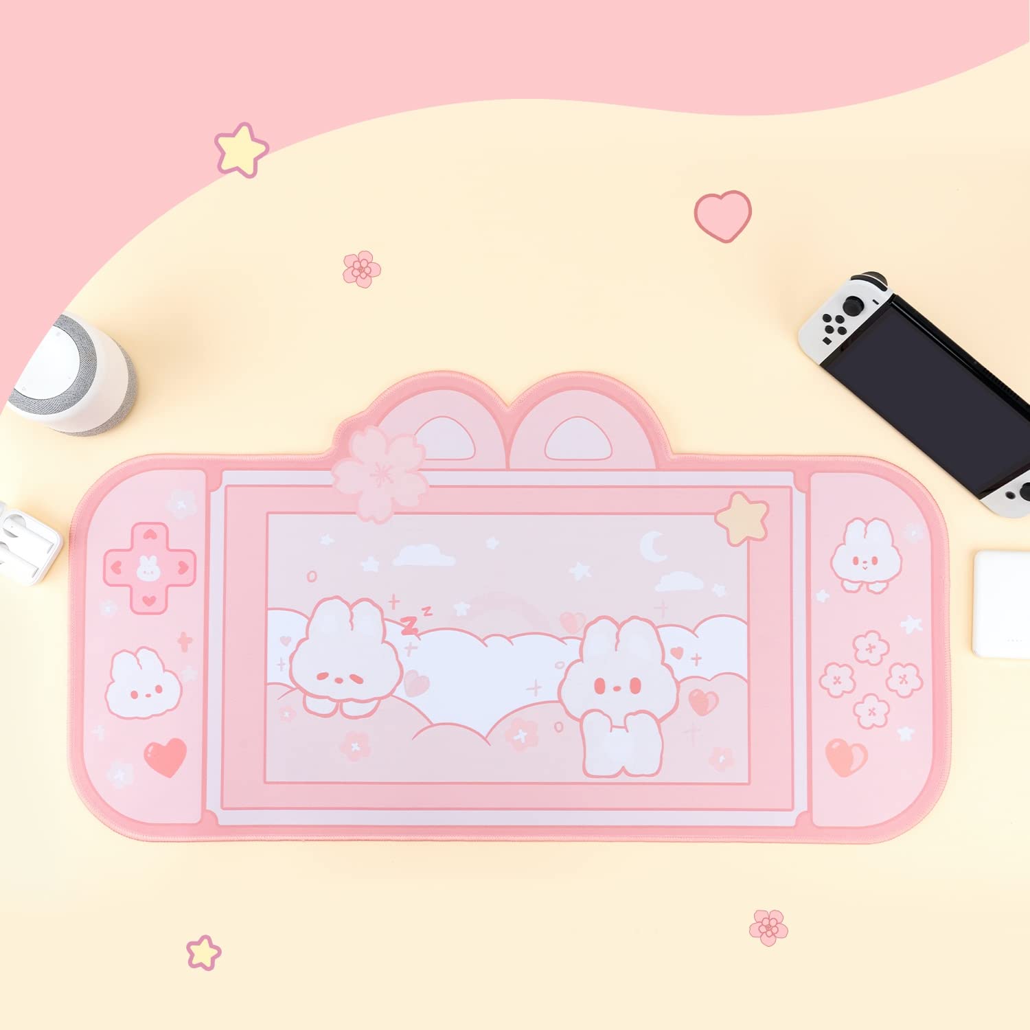 BelugaDesign Bunny Desk Pad | NS Switch Keyboard Gaming Mat Large Mat Mousepad | Pastel Pink Easter Animal Kawaii Cute Anime Desk Blotter Protector (Pink Rabbit, Large)