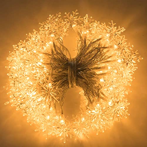 CHengQiSM 100 LED Snowflake Lights Fairy String Lights 32.8ft Plug in String Lights Christmas Holiday Home Garden Patio Party Decoration Indoor Outdoor Celebration Lighting, Warm White