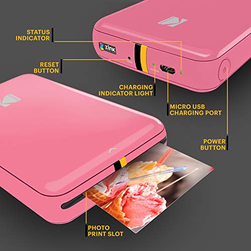 KODAK Step Instant Color Photo Printer with Bluetooth/NFC, Zink Technology & KODAK App for iOS & Android (Pink) Prints 2x3β Sticky-Back Photos.