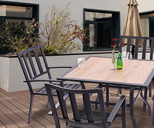 FREESky 5-Piece Patio Dining Set, Outdoor Furniture Set: Square Wood-Like Garden Table with Umbrella Holes & 4 Stackable Backyard Chairs