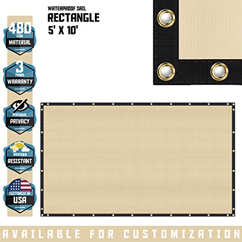 TANG Sunshades Depot 5'x10' Beige Waterproof 480 GSM Customize Order Sun Shade Sail Straight Edge for Patio Awning Garden Pergola Gazebo Backyard Deck Outdoor Facility
