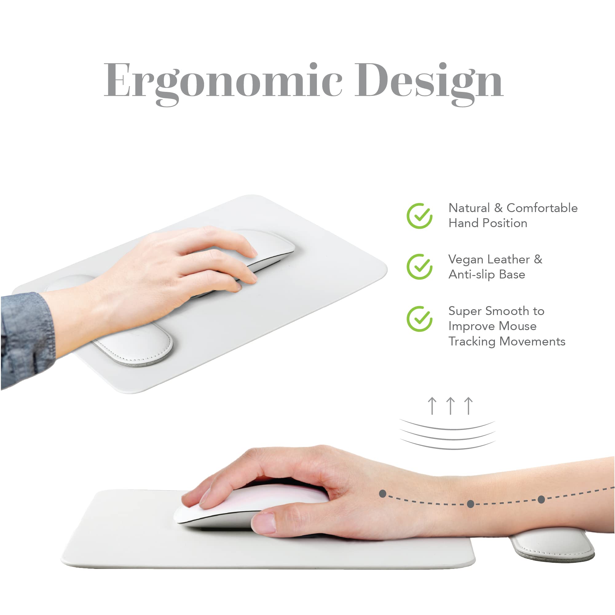 HABITU Vegan Leather White Mouse Pad with Removable Magnetic Wrist Support & Anti-Slip Base, Ergonomic Mouse Pad with Wrist Rest, Cute Office Desk Accessories for Women and Men