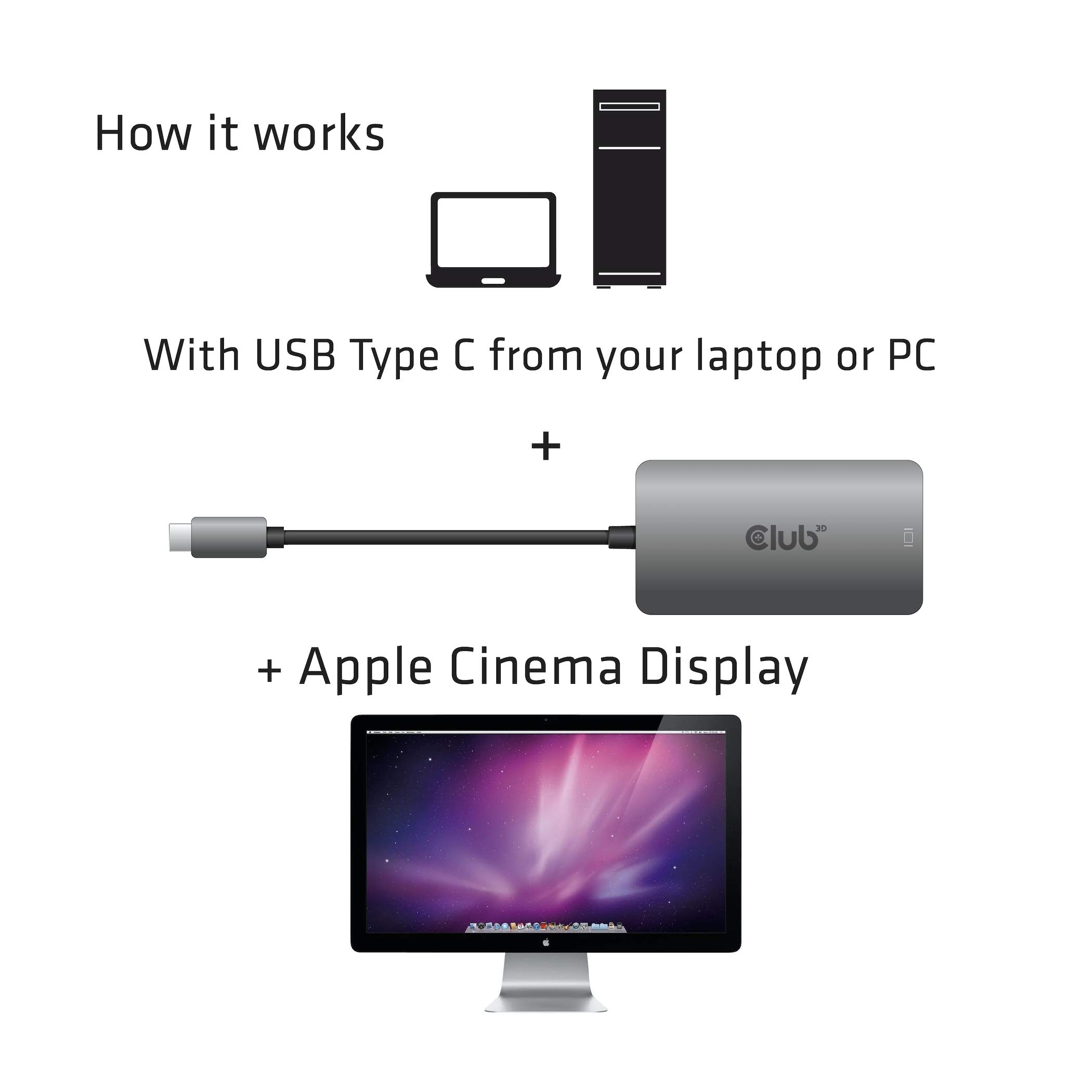 Club3D CAC-1510 USB Type C to Dual Link DVI-D Cable Adapter Support 3840x2160@30hz, 2560x1600@60Hz HDCP Support M/F