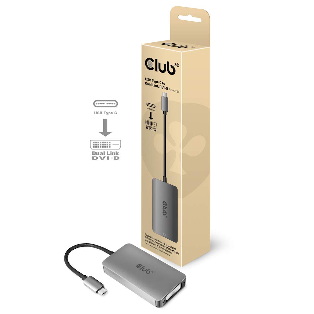 Club3D CAC-1510 USB Type C to Dual Link DVI-D Cable Adapter Support 3840x2160@30hz, 2560x1600@60Hz HDCP Support M/F