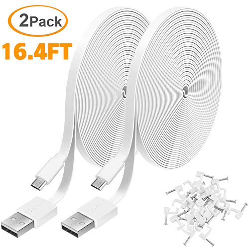 2 Pack 16.4FT Power Extension Cable for WyzeCam,WyzeCam Pan,KasaCam Indoor,NestCam Indoor, Blink,Amazon Cloud Cam, USB to Micro USB Durable Charging and Data Sync Cord (White)