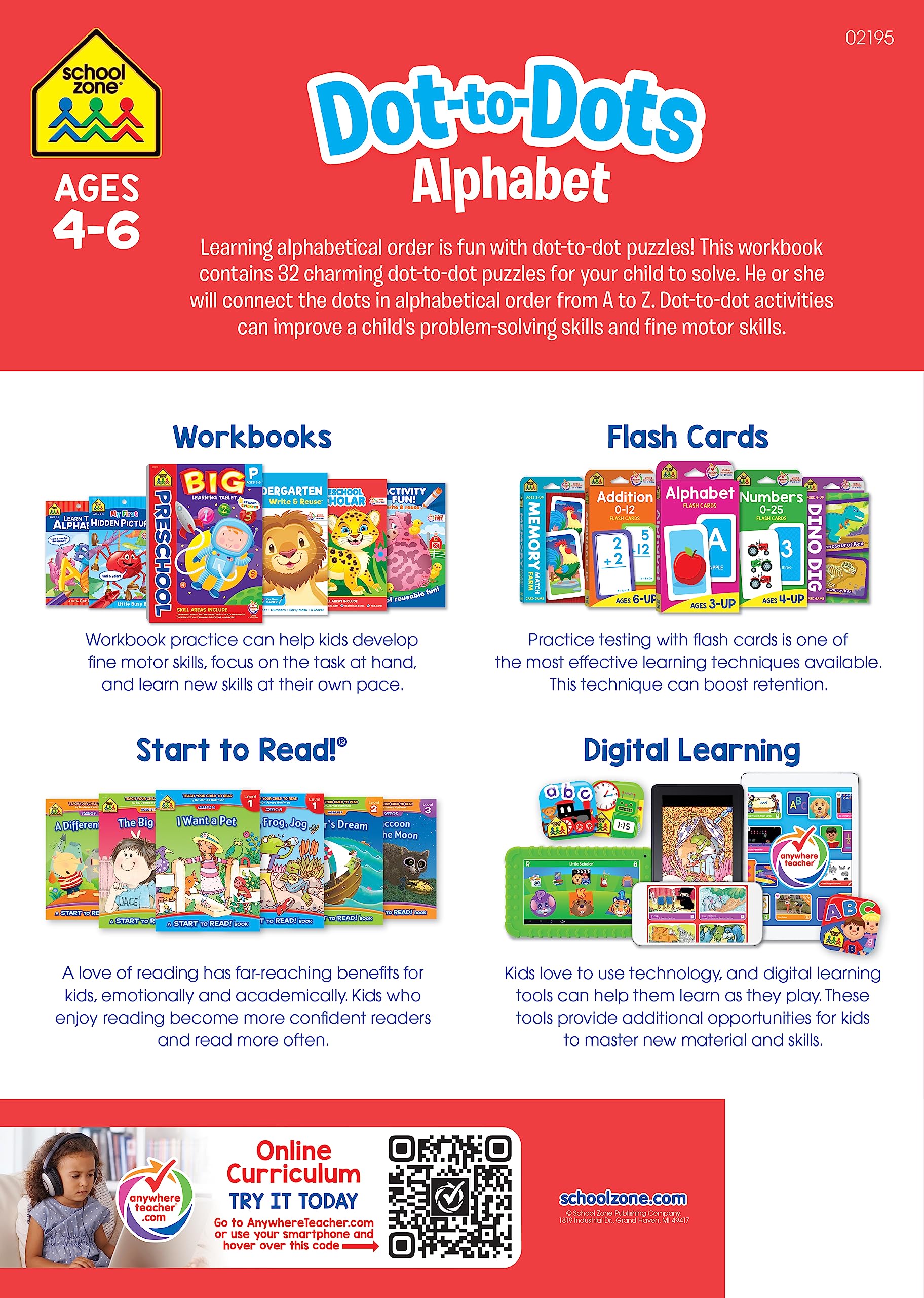 School Zone - Dot-to-Dots Alphabet Workbook - 32 Pages, Ages 4 to 6, Preschool, Kindergarten, Connect the Dots, Letter Puzzles, ABCs, and More (School Zone Activity Zone® Workbook Series)