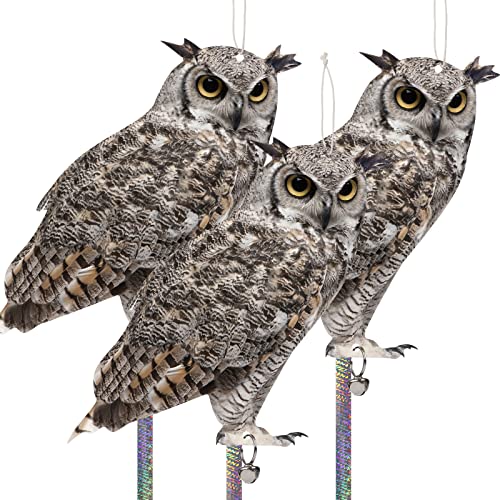 kungfu Mall Fake Owl Decoy to Scare Birds, 3 Pack Fake Owl Hanging Effective Bird Control Device to Keep Birds Pigeon Woodpecker Away from Outdoor Garden Yard