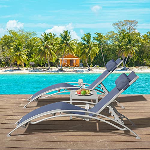 Domi Outdoor Chaise Lounge Set of 3,Patio Lounge Chair with Side Table, Adjustable Garden Aluminum Reclining Chair for Pool Beach Sunbathing Chair (Blue)