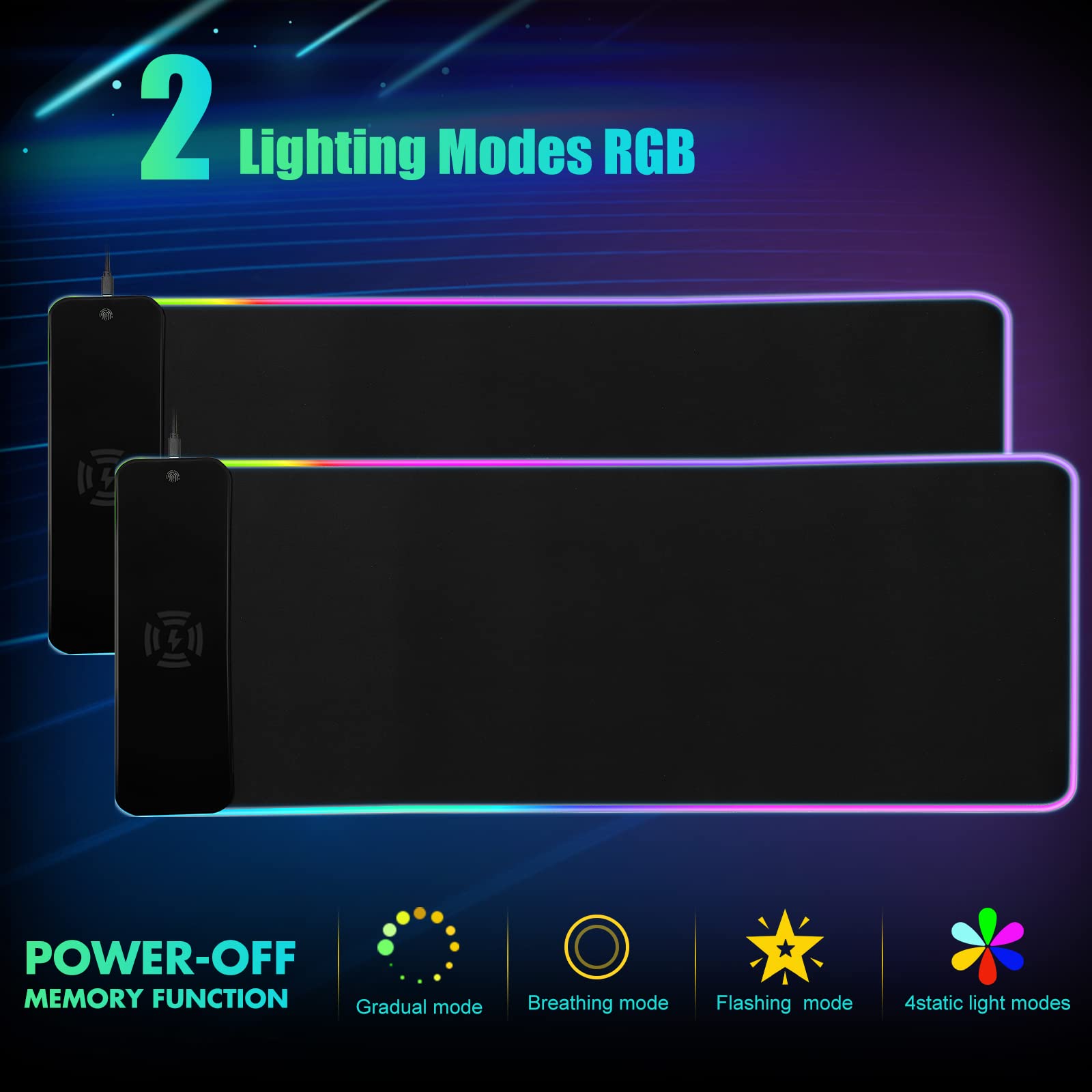 Macarrie 2 Pcs Charging Mouse Pad Cool Mouse Pad with 15w 31.5 x 11.8 x 0.2'' Fast Charging Extended Large LED Gaming Mousepad RGB Mouse Pad Non Slip Wireless Keyboard Pad for Office Desks