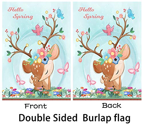 Hello Spring Flag,Spring Garden Flag Double Sided Welcome Burlap Seasonal Elk Spring House Flags 28x40 Inch Summer Yard Signs Outdoor Decor for Homes,Gardens, Patio or Lawn with 2 Grommets
