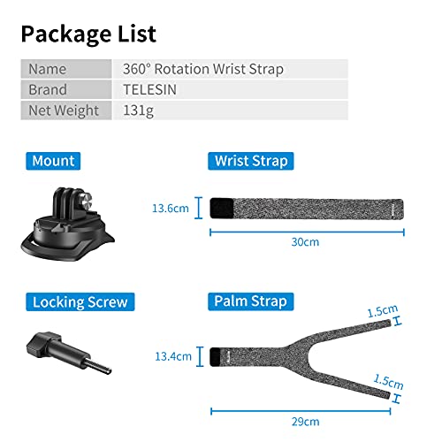 TELESIN Upgraded Wrist Strap, 360 Rotation Arm Plam Ankle Mount Band Holder Cycling Mount for GoPro Max Hero 11 10 9 8 7 6 5 Insta360 One R X2 Go2 DJI Osmo Action 2 Camera Accessories