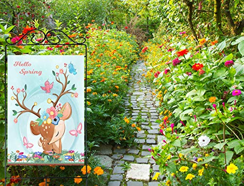 Hello Spring Flag,Spring Garden Flag Double Sided Welcome Burlap Seasonal Elk Spring House Flags 28x40 Inch Summer Yard Signs Outdoor Decor for Homes,Gardens, Patio or Lawn with 2 Grommets