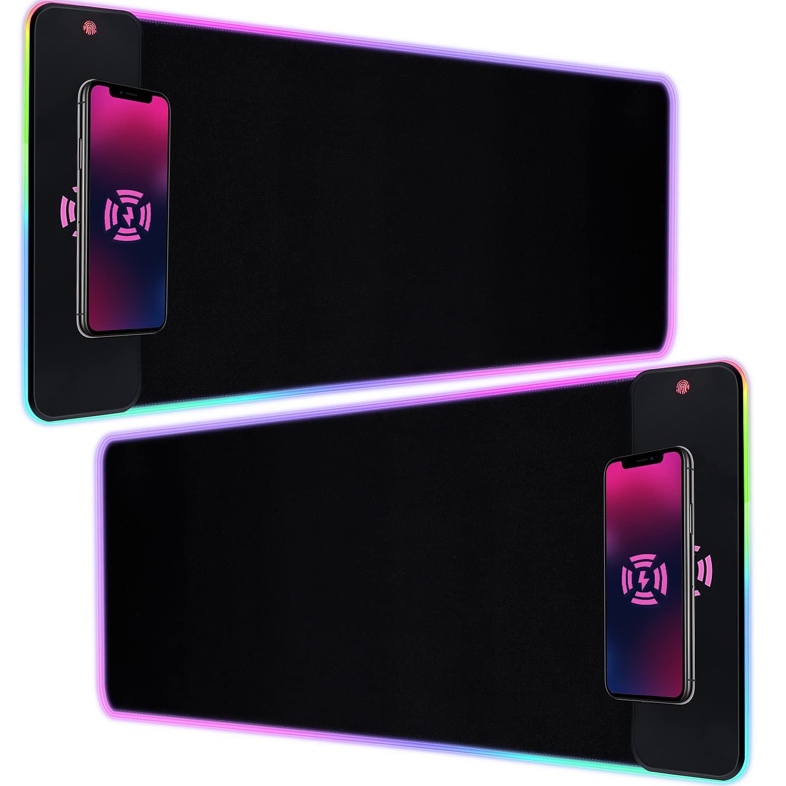 Macarrie 2 Pcs Charging Mouse Pad Cool Mouse Pad with 15w 31.5 x 11.8 x 0.2'' Fast Charging Extended Large LED Gaming Mousepad RGB Mouse Pad Non Slip Wireless Keyboard Pad for Office Desks