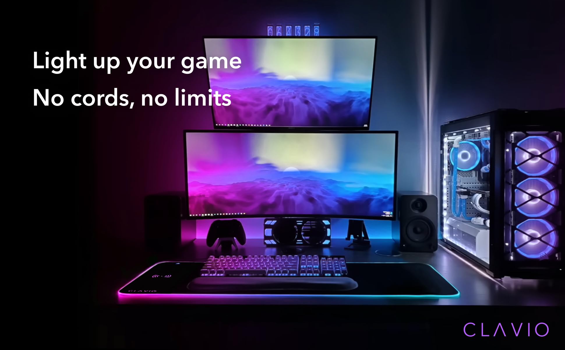 CLAVIO 15W Wireless Charging RGB Gaming Mouse Pad, LED Mouse Pad 31.5 x 12 inch Extra Large Mousepad Non-Slip Rubber Base, 10 Light Modes RGB Desk Mat for Gaming, MacBook, PC, Laptop, Desk