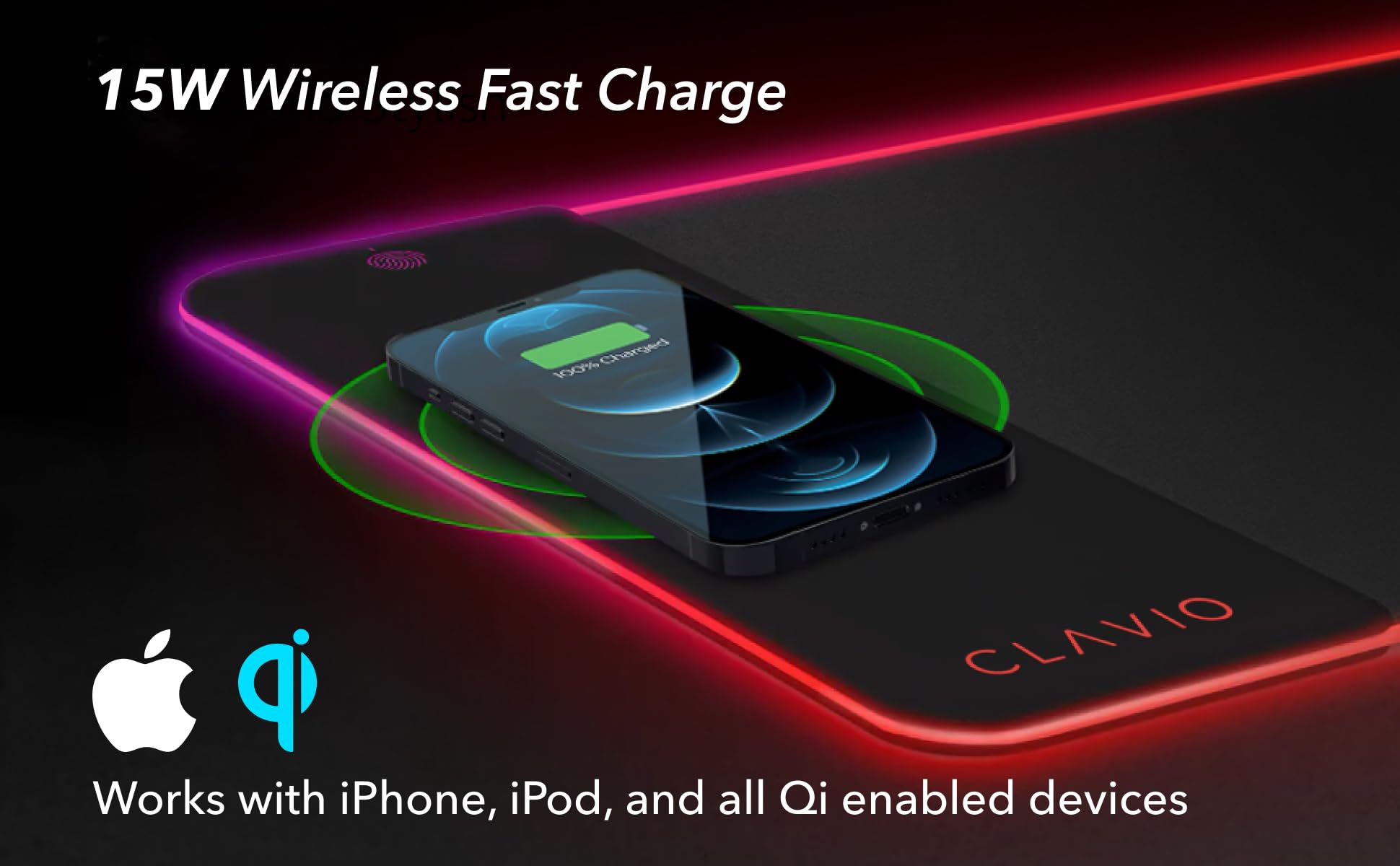 CLAVIO 15W Wireless Charging RGB Gaming Mouse Pad, LED Mouse Pad 31.5 x 12 inch Extra Large Mousepad Non-Slip Rubber Base, 10 Light Modes RGB Desk Mat for Gaming, MacBook, PC, Laptop, Desk