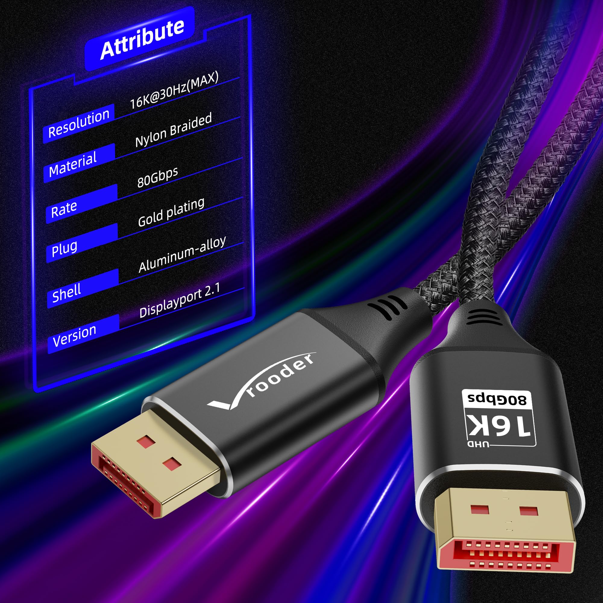 VROODER DisplayPort Cable 2.1, 6.6FT 16K DP 2.0 Cable, UHD DisplayPort Cable for 80Gbps, [16K@60Hz, 8K@120Hz, 4K@240Hz 165Hz 144Hz] HDR, HDCP DSC 1.2a, Displayport Cable,DP Cable for 16K