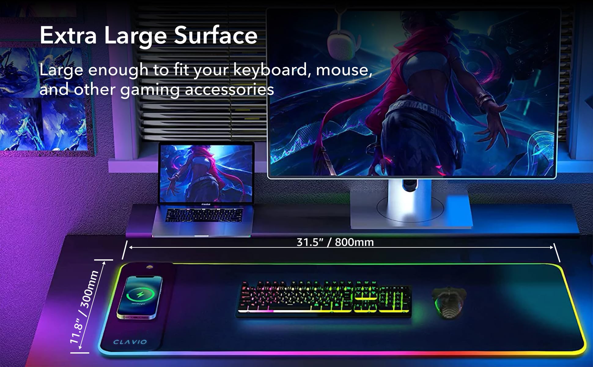 CLAVIO 15W Wireless Charging RGB Gaming Mouse Pad, LED Mouse Pad 31.5 x 12 inch Extra Large Mousepad Non-Slip Rubber Base, 10 Light Modes RGB Desk Mat for Gaming, MacBook, PC, Laptop, Desk