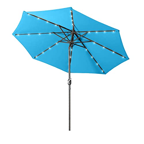 Aok Garden 9 ft Patio Umbrella LED Lighted Outdoor Table Umbrella, Aluminum Pole 8 Ribs Umbrella with Tilt and Crank