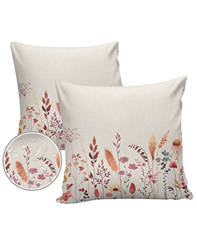 Outdoor Throw Pillow Covers Waterproof Pillow Cases 18x18In,Botanical Flower on Vintage Decorative Pillow Covers Cushion Cases for Couch Sofa Patio Garden,2 Pack Sketch Floral Art Retro Linen