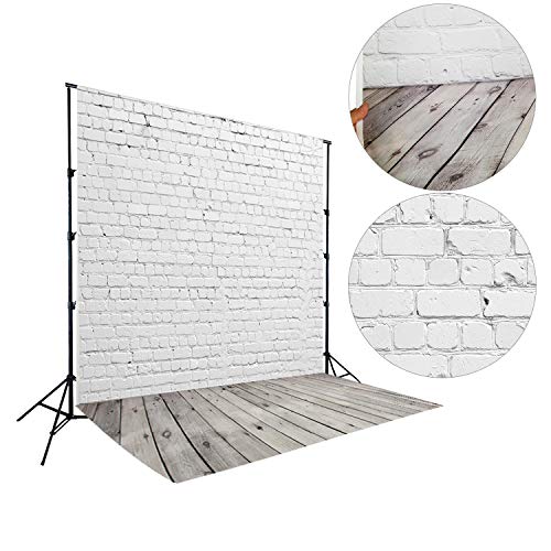 HUAYI 5X7ft White Brick Wall With Gray Wooden Floor Photography Vinyl Backdrop D-2504